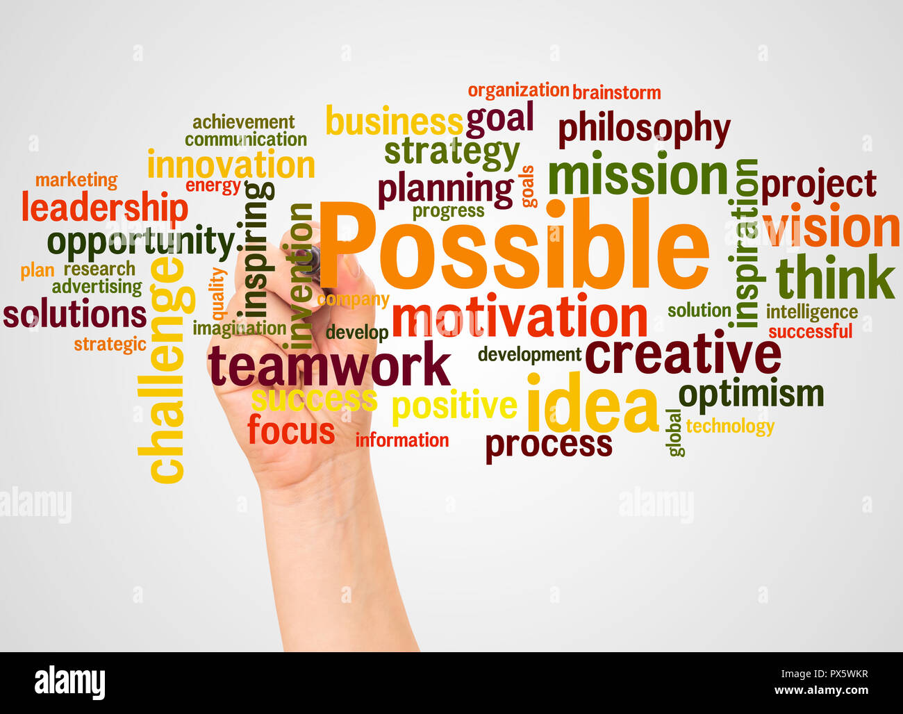 Possible, word cloud and hand with marker concept on white background ...