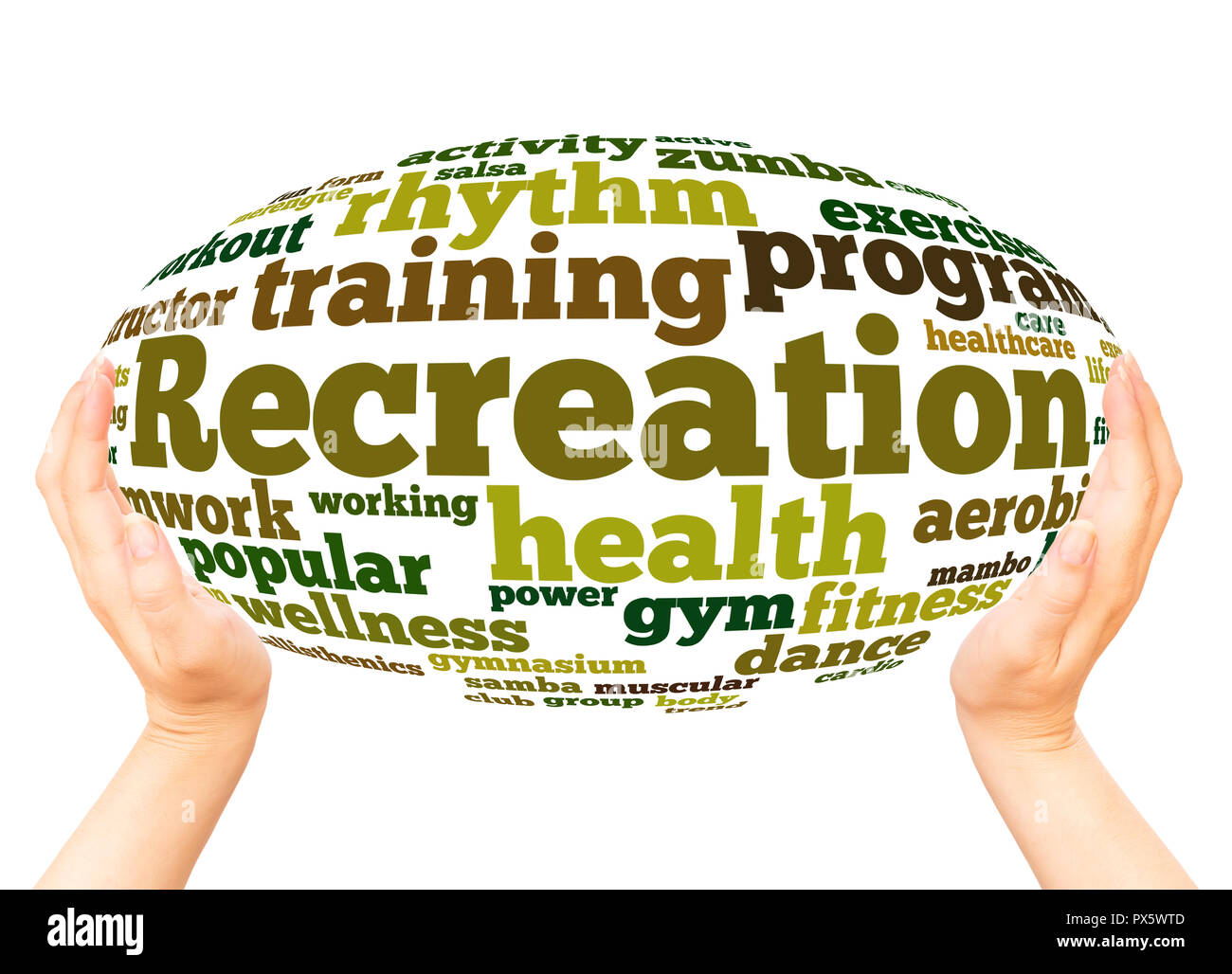 Recreation word cloud hand sphere concept on white background Stock ...