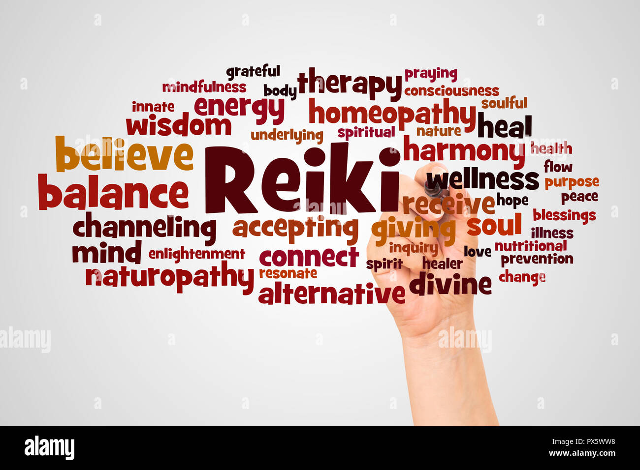 Reiki word cloud and hand with marker concept on white background Stock ...