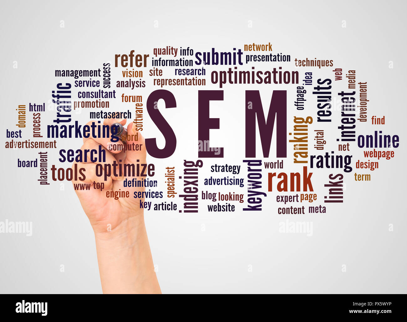 SEM, search engine marketing optimization word cloud and hand with ...