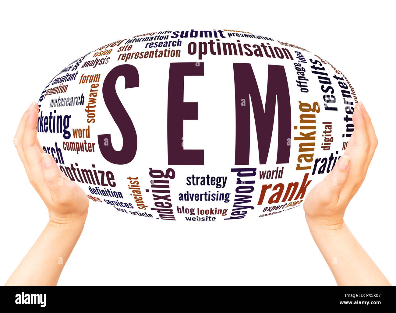 SEM, search engine marketing optimization word cloud hand sphere ...