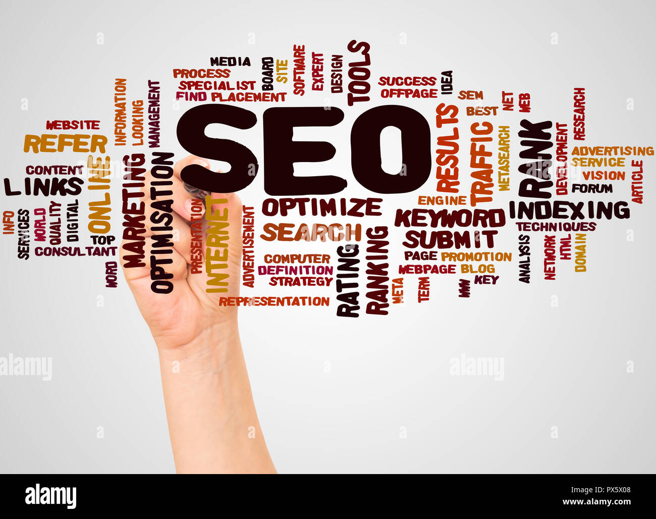 SEO, search engine optimization word cloud and hand with marker concept ...