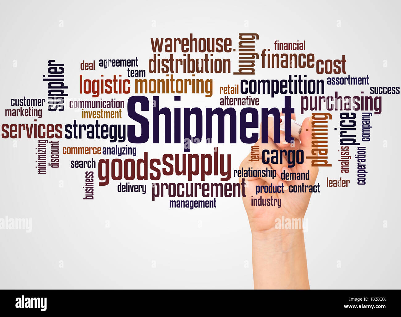Shipment word cloud and hand with marker concept on white background ...