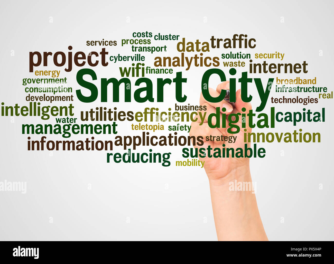 Smart City word cloud and hand with marker concept on white background ...