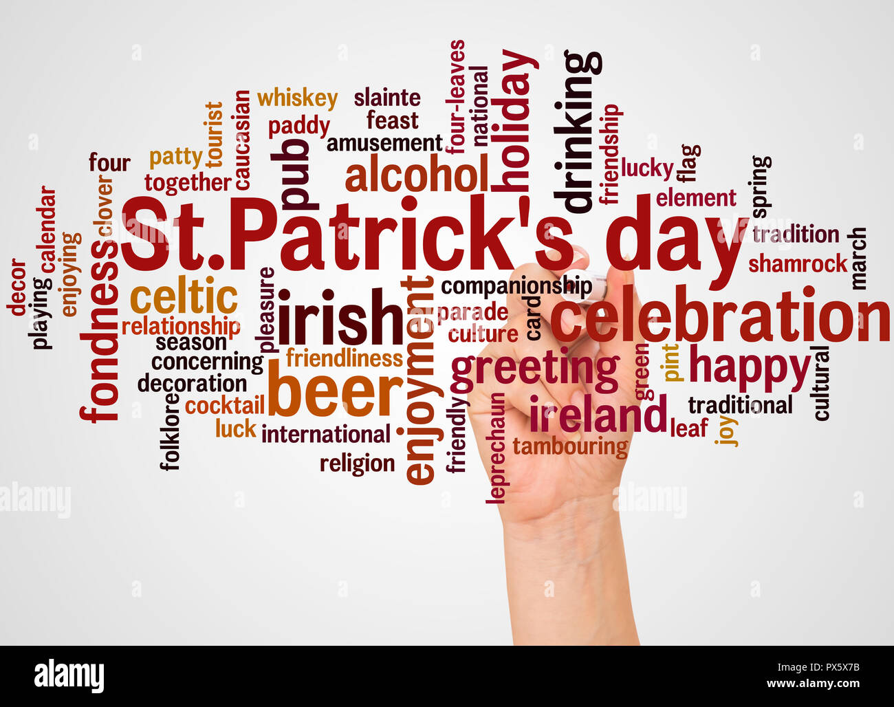 St Patricks day word cloud and hand with marker concept on white ...