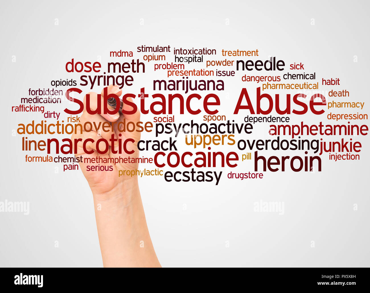 Substance Abuse and hand with marker word cloud concept on white ...