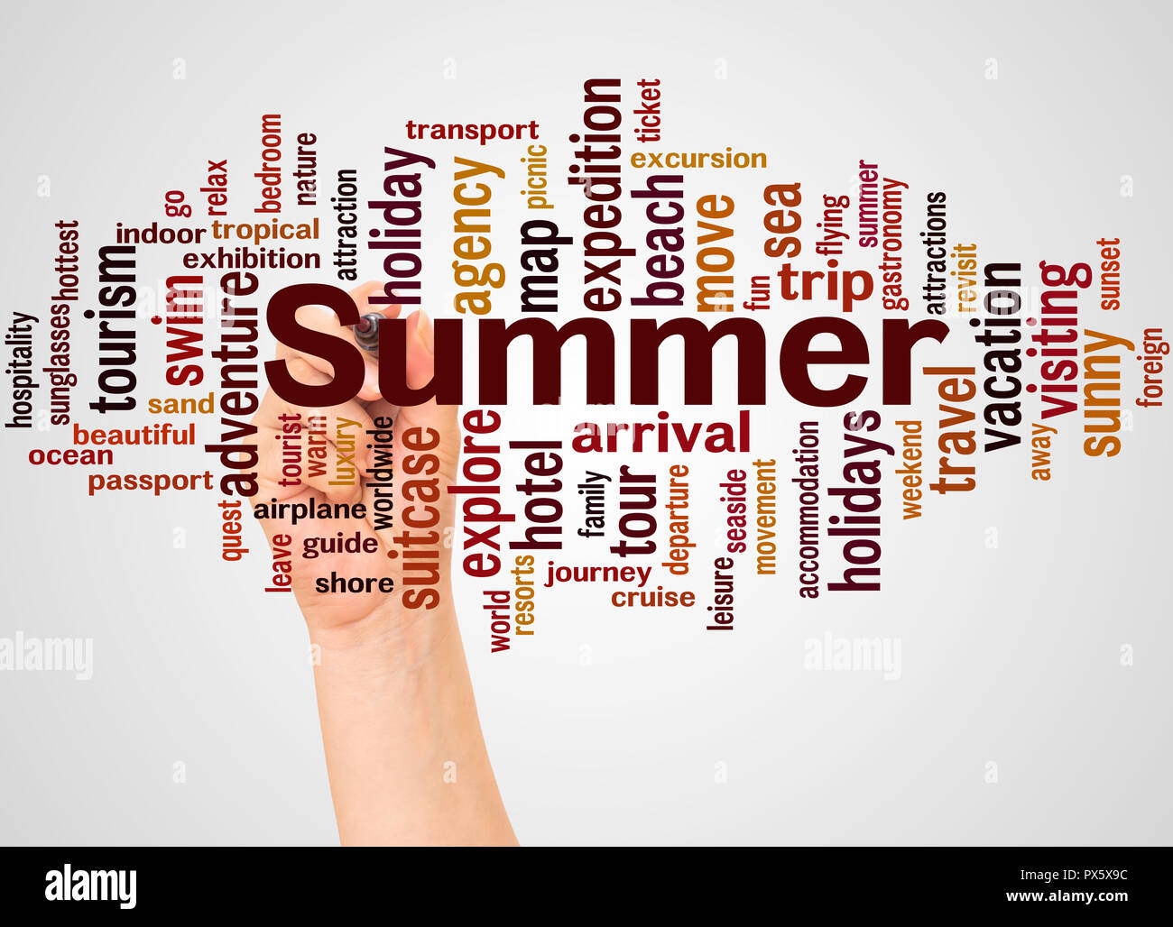 Summer word cloud and hand with marker concept on gradient background ...