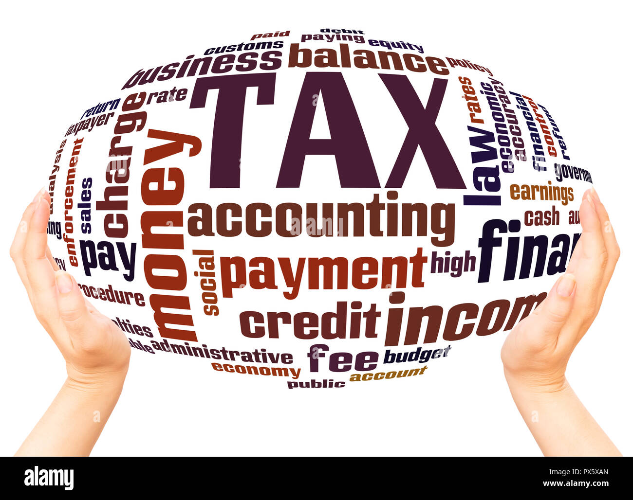 TAX word cloud hand sphere concept on white background Stock Photo - Alamy