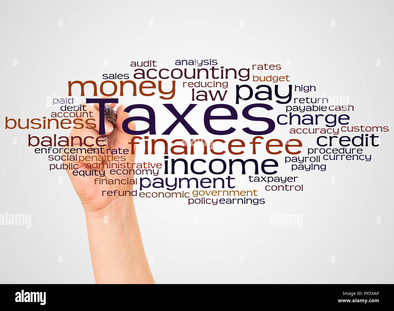 Taxes word cloud and hand with marker concept on white background Stock ...