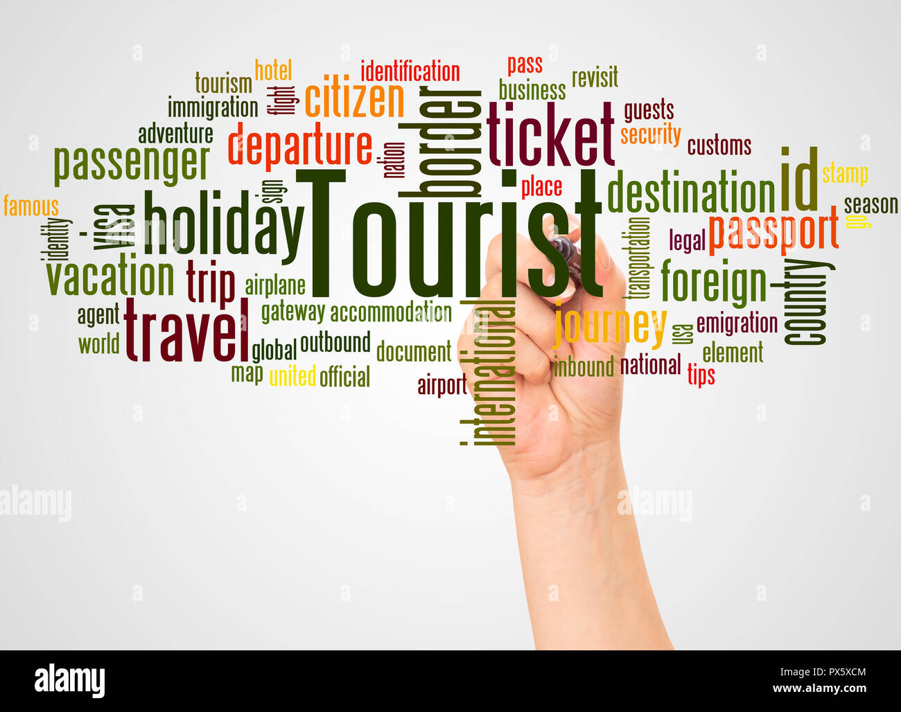 Tourist word cloud and hand with marker concept on white background ...