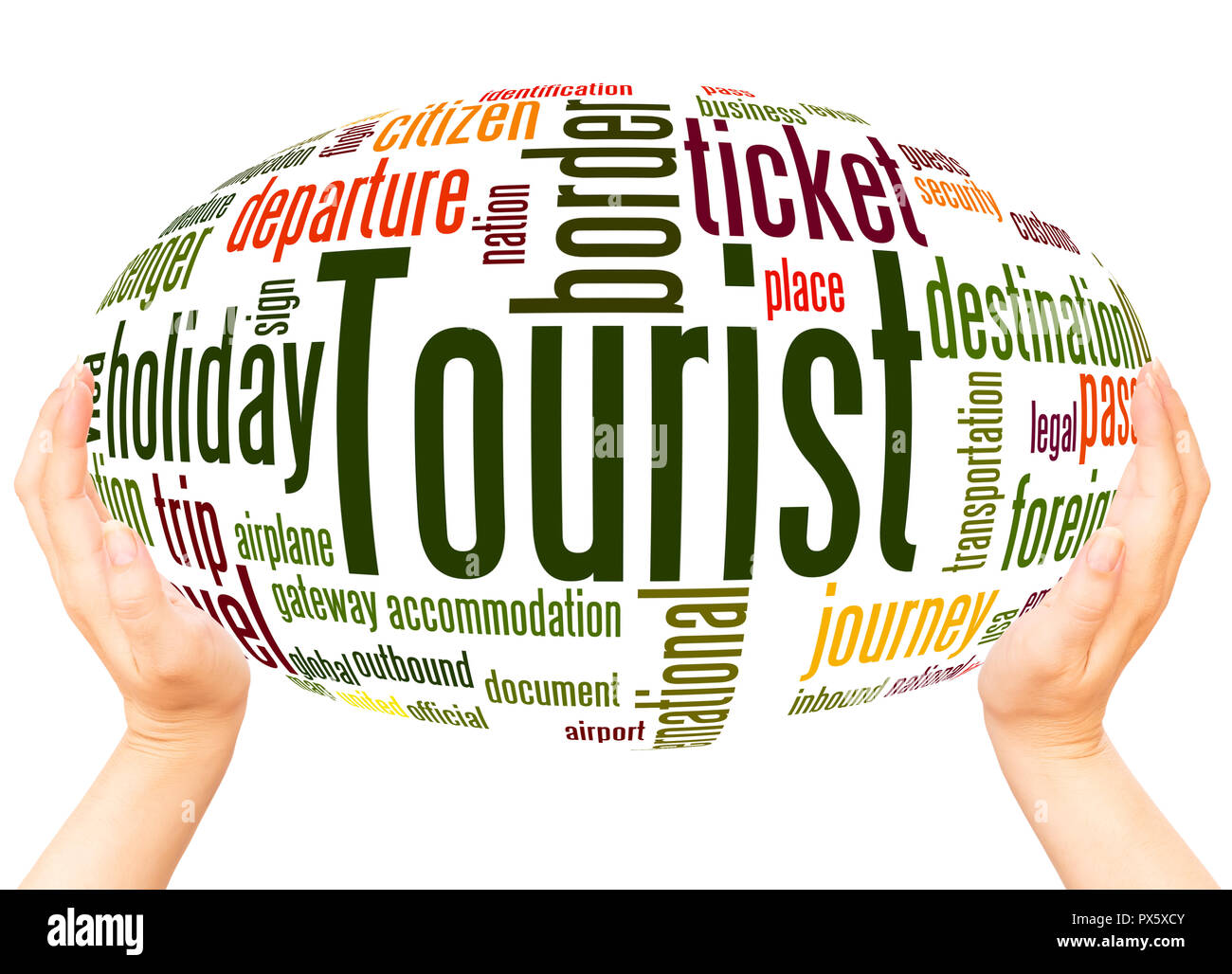 Tourist word cloud hand sphere concept on white background Stock Photo ...
