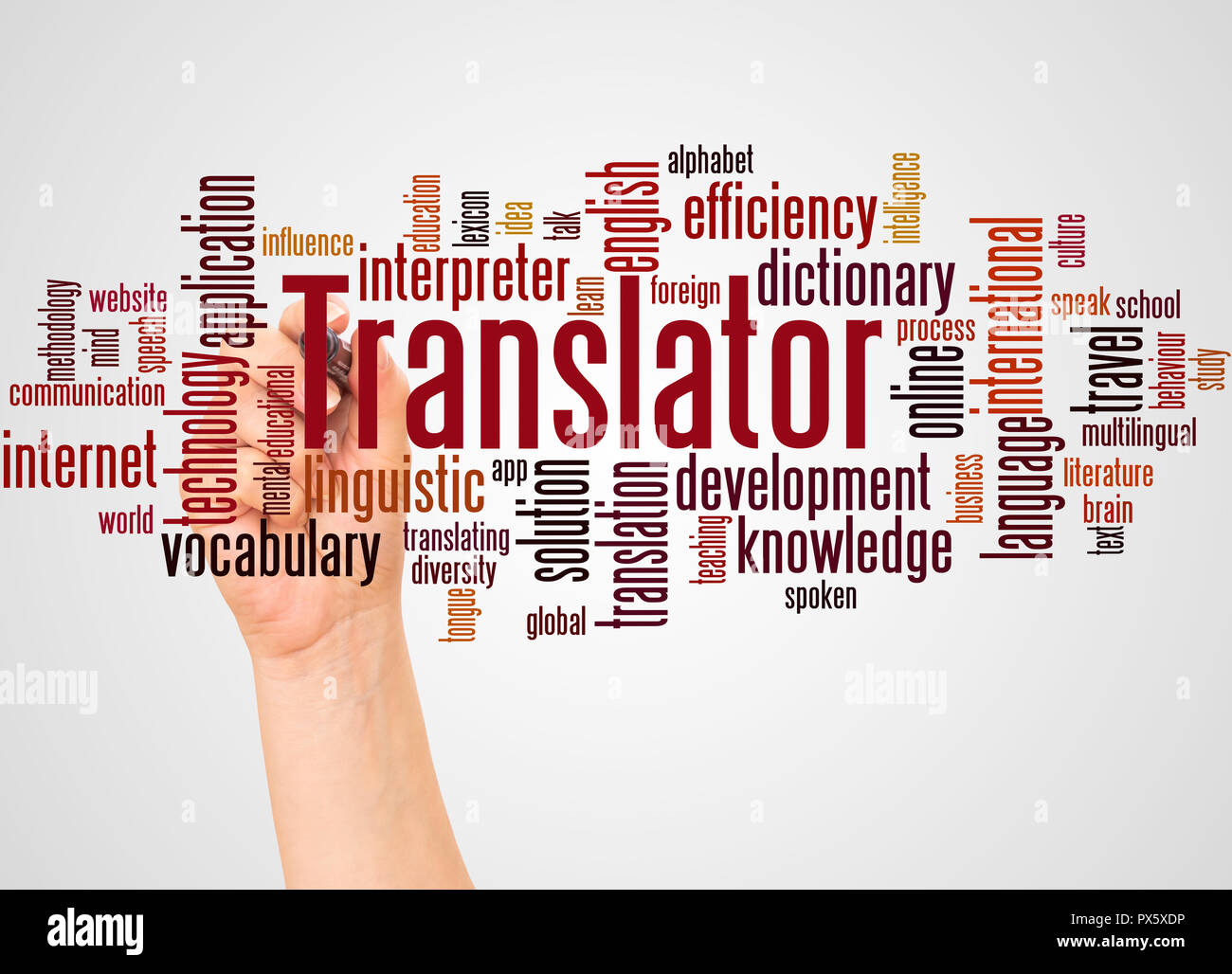 Translator word cloud and hand with marker concept on white background ...