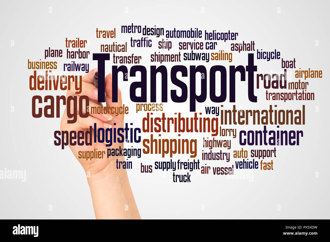 Transport, word cloud and hand with marker concept on white background ...