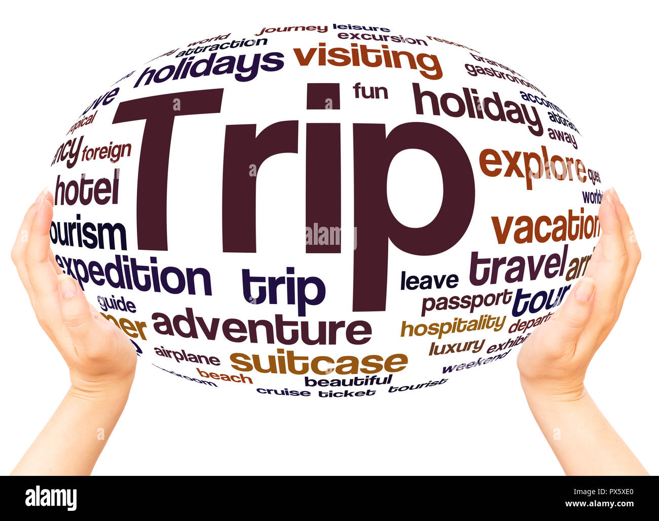 Trip word cloud hand sphere concept on white background Stock Photo - Alamy