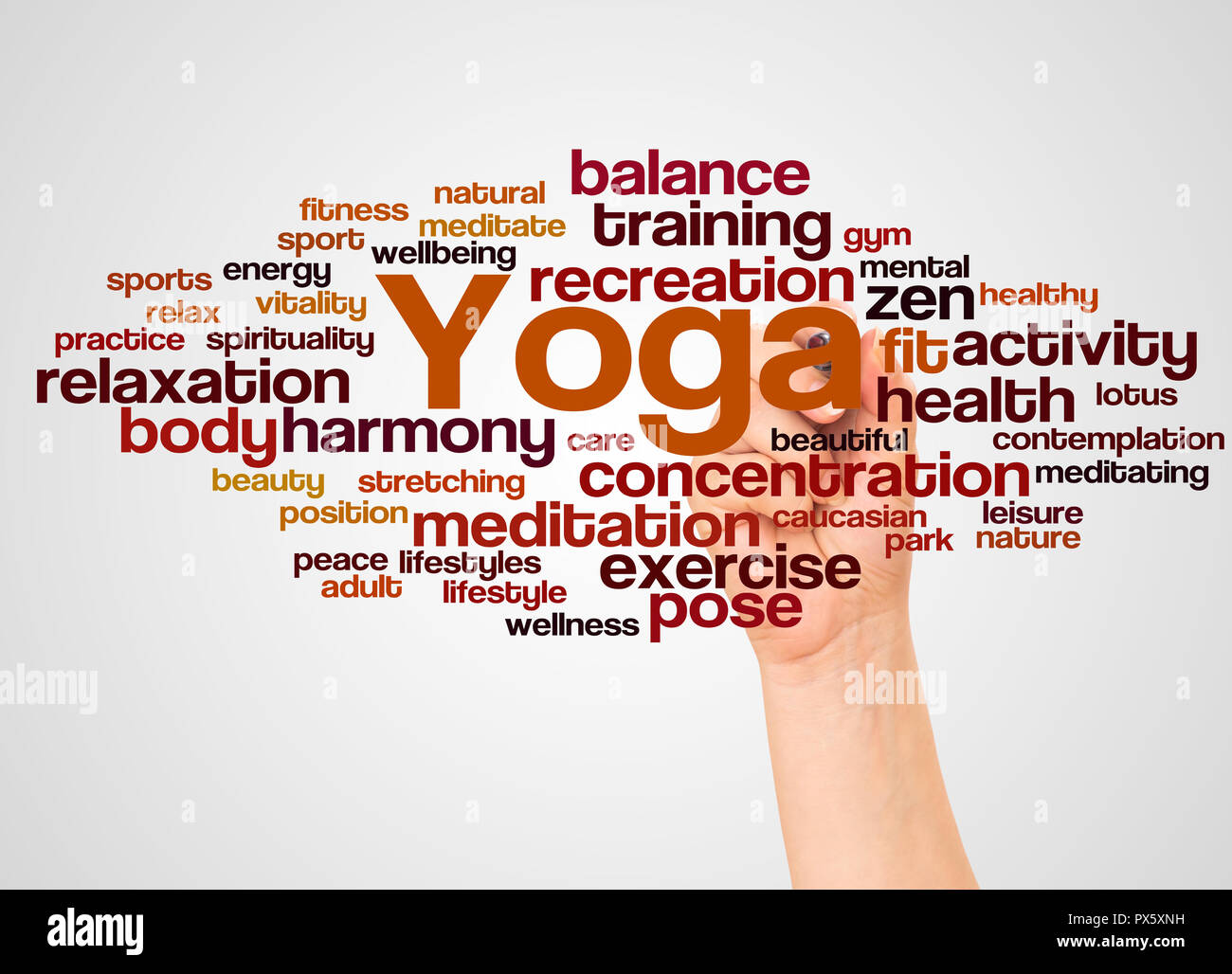 Yoga word cloud and hand with marker concept on gradient background ...