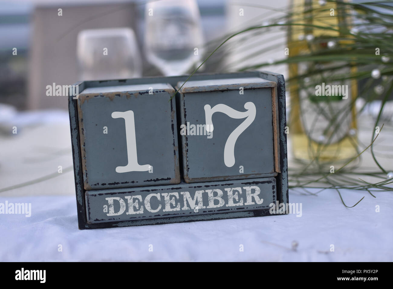 Wood blocks in box with date, day and month 17 December. Wooden blocks ...