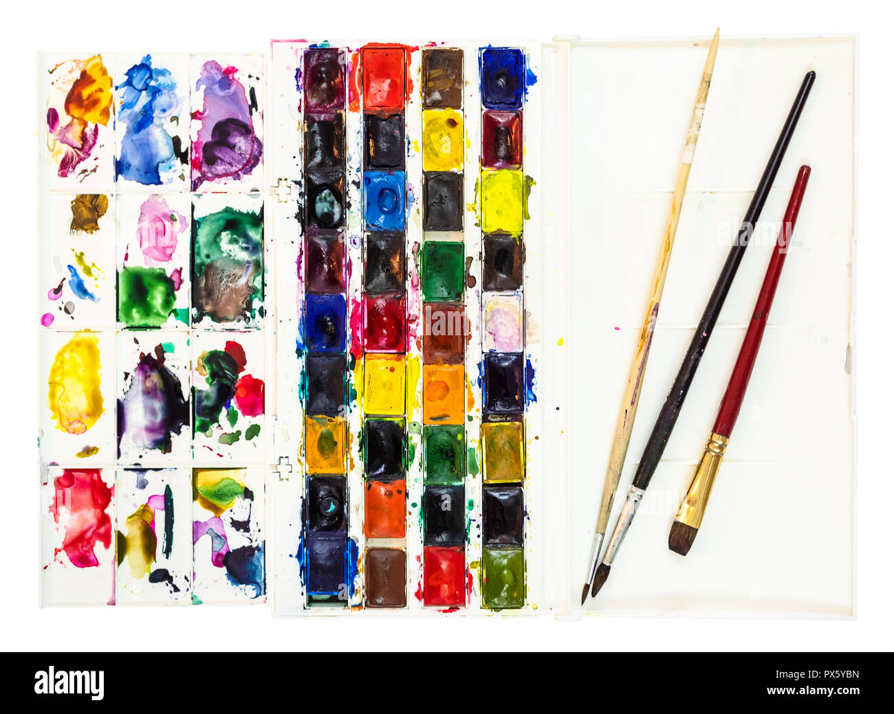 set of used watercolor paints in plastic box with pallet and few ...