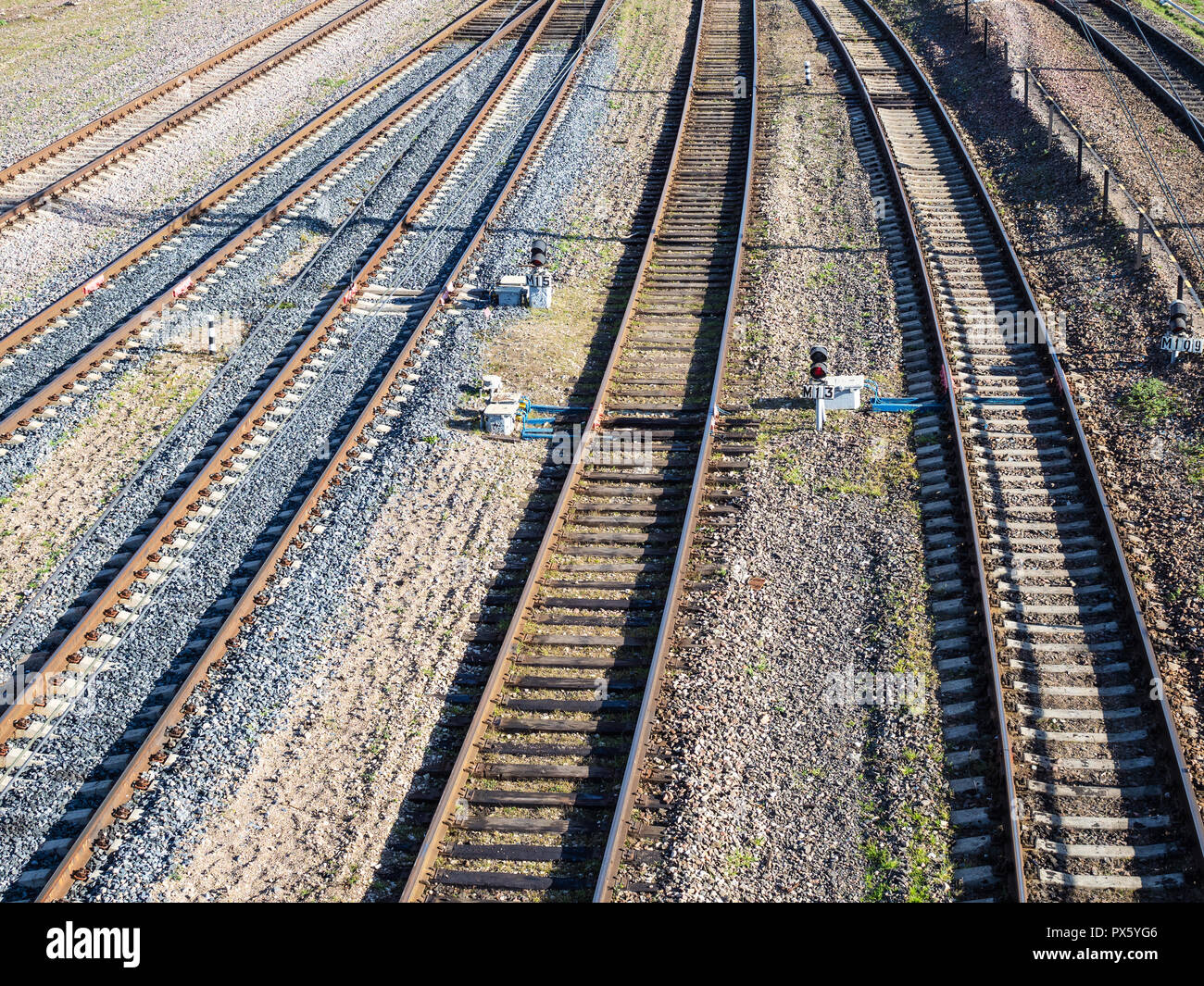 above view of several railway tracks in sunny day Stock Photo - Alamy