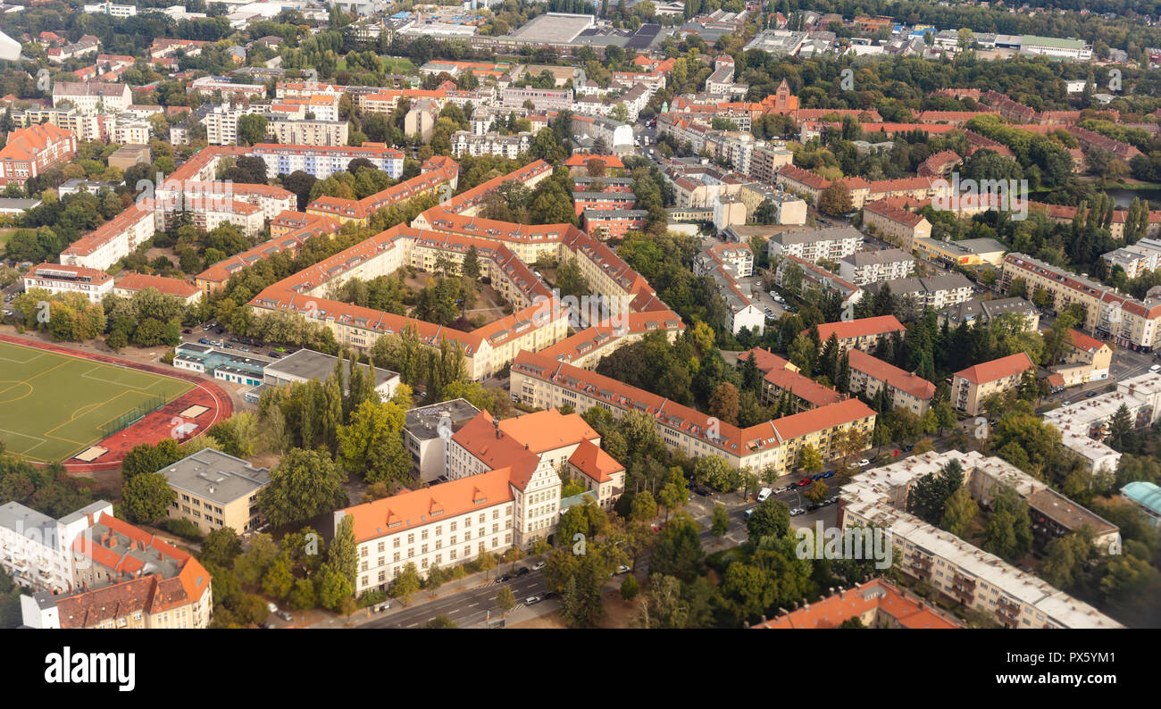 Aerial, panoramic view out of a plane window over Berlin, Germany Stock ...