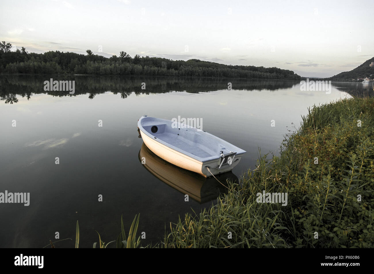 Danube side-arm Greifenstein, blue boat, Austria, Lower Austria, Danube ...