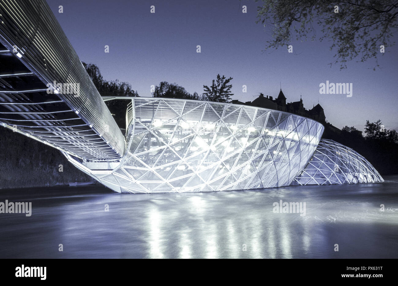Graz 2003, artificial island in river Mur, at night, architect Vitto ...