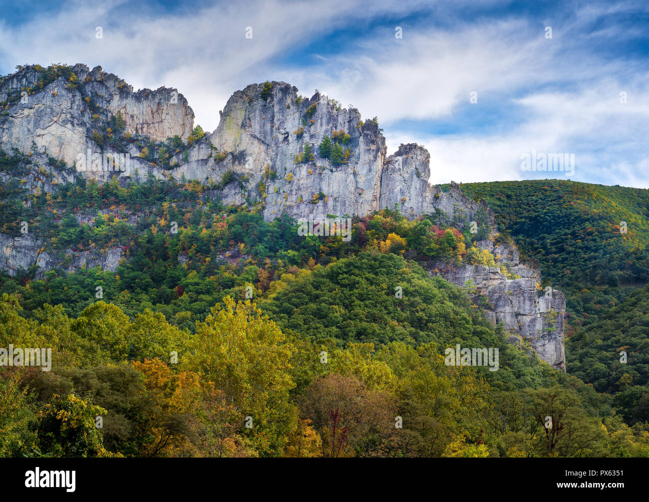 The Seneca Rocks geological formation in West Virginia. This quartzite ...