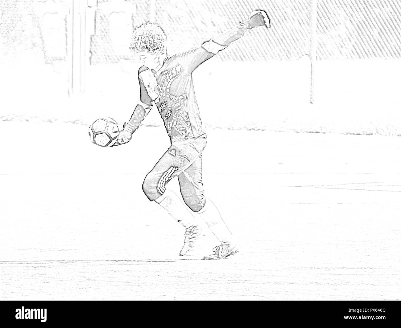 Pencil Illustration of young soccer goalie about to kick ball Stock ...
