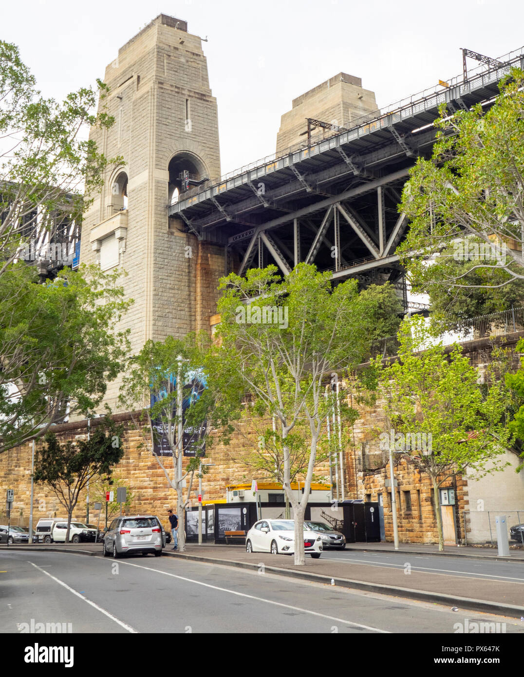 Hickson Road at base of granite pylon of Sydney Harbour Bridge Sydney ...