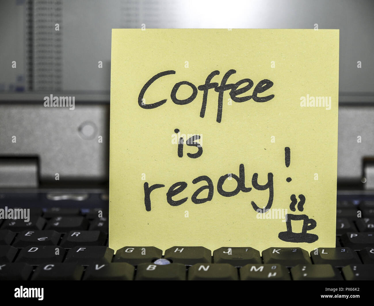 Memo note on notebook, Coffee is ready Stock Photo - Alamy