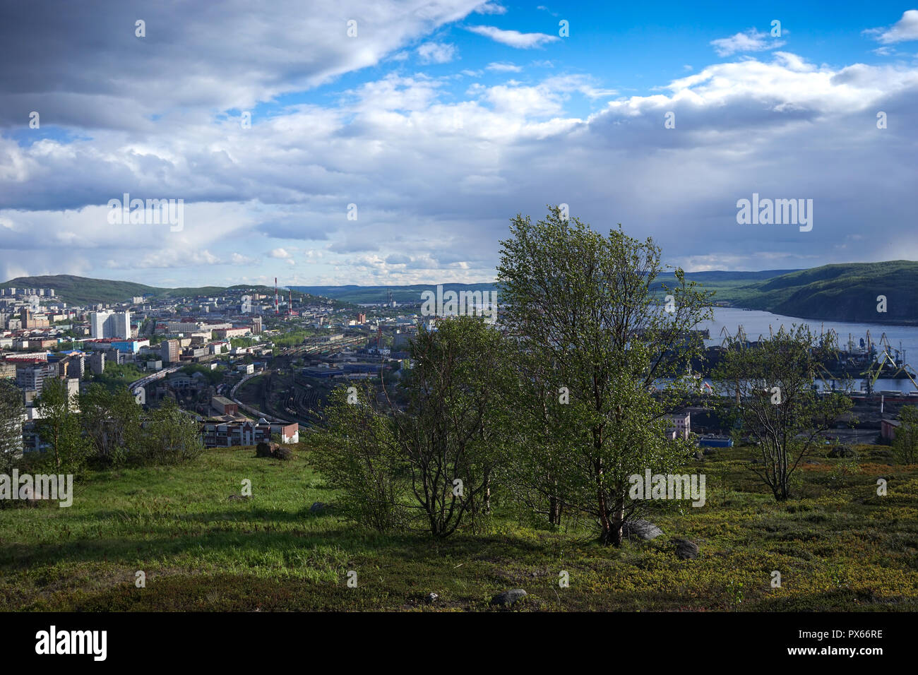 Murmansk, Russia-June 5, 2015: View from the mountain to the cargo port ...