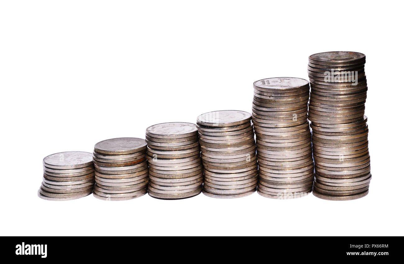 Stacks coins row isolated on white background, Placing silver coin in ...