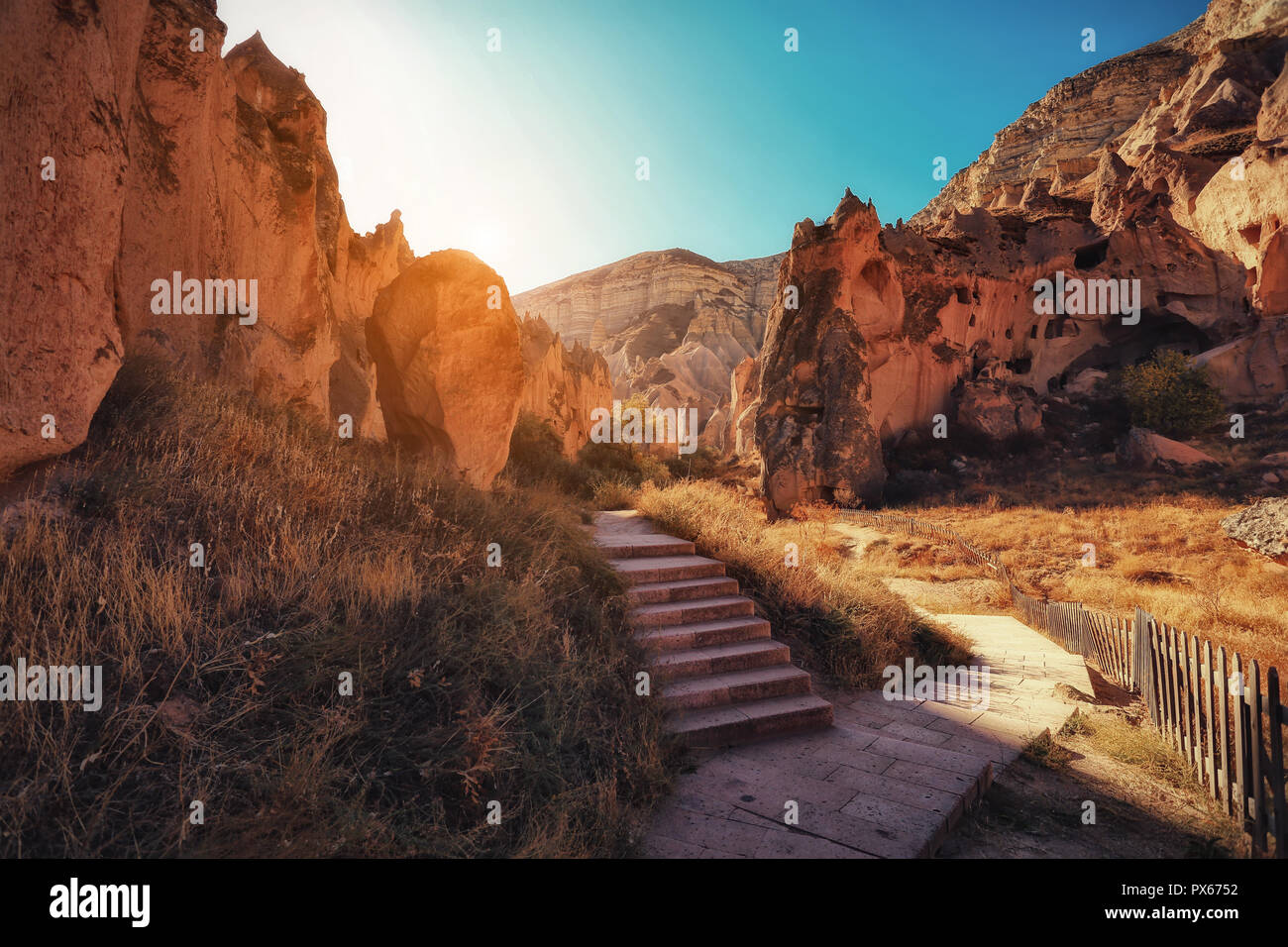 Cave town and rock formations in Zelve Valley, Cappadocia, Turkey Stock ...