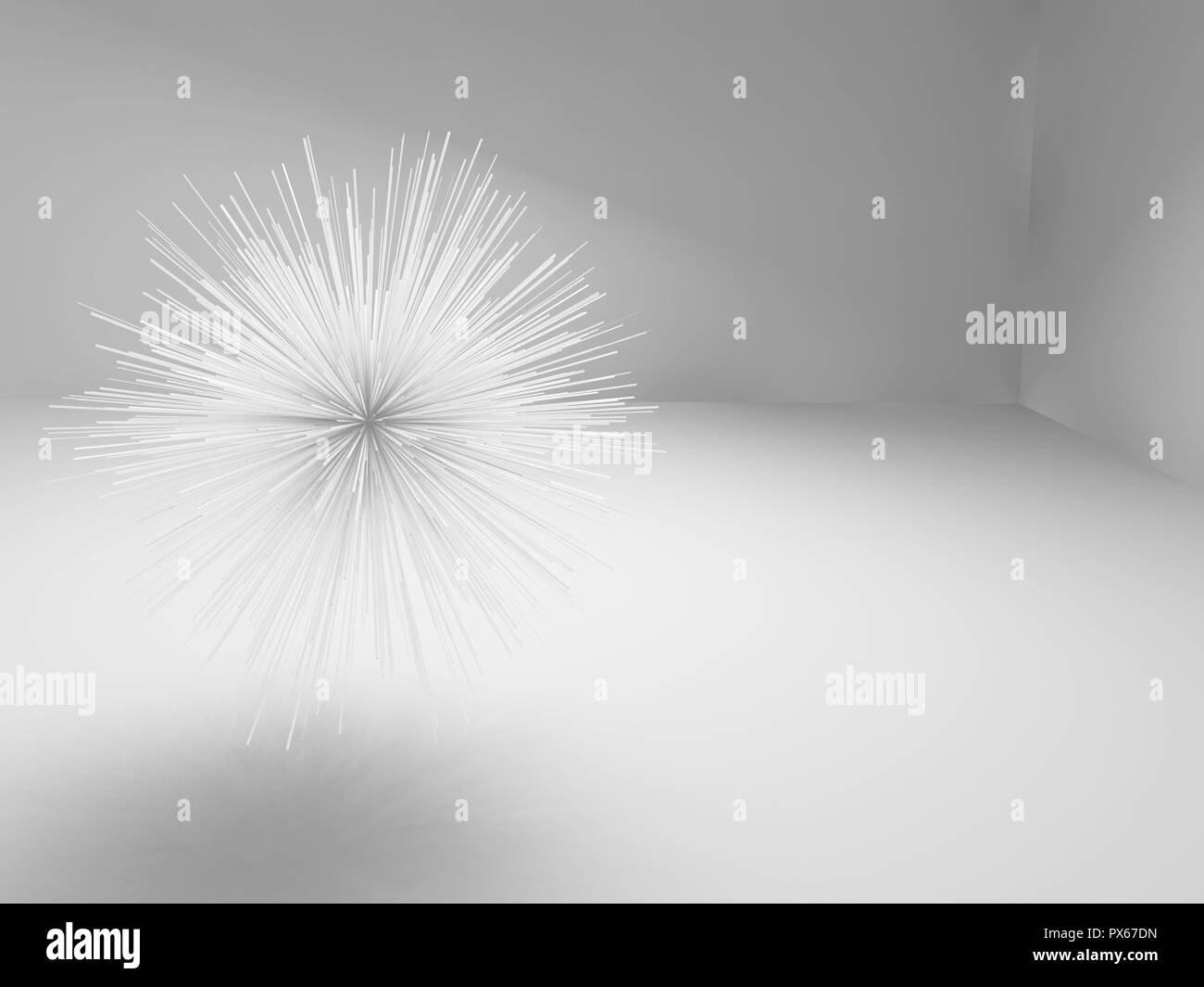 Abstract sharp star shaped white object flying in empty room, 3d ...