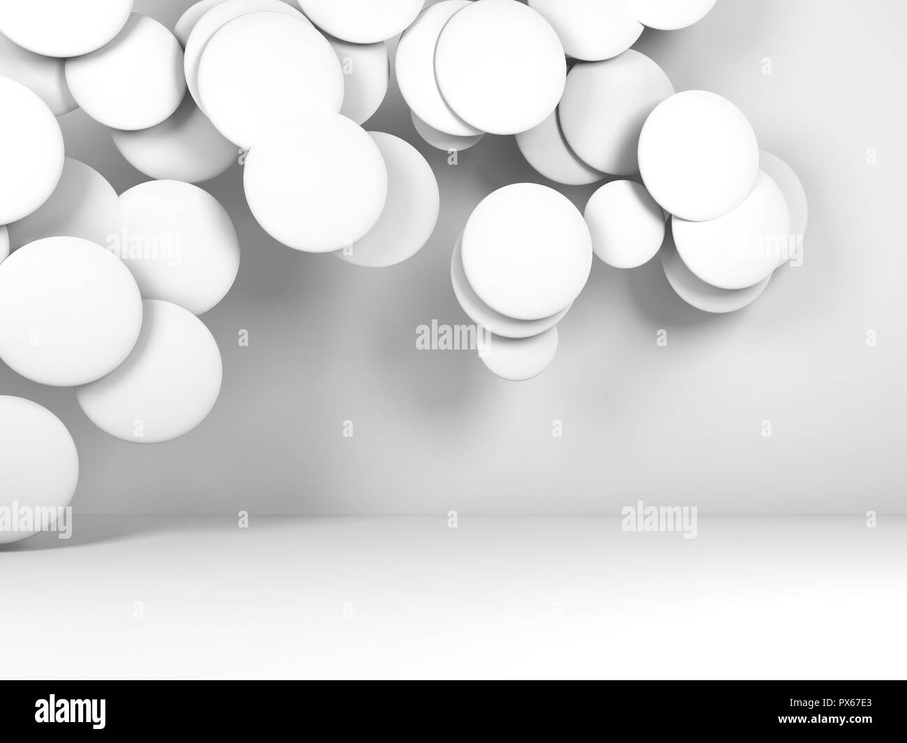 White round objects flying in abstract empty room. Digital background ...