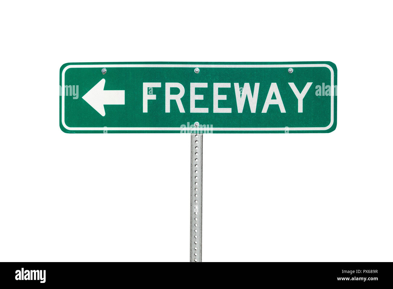 Green freeway arrow sign isolated on white Stock Photo - Alamy