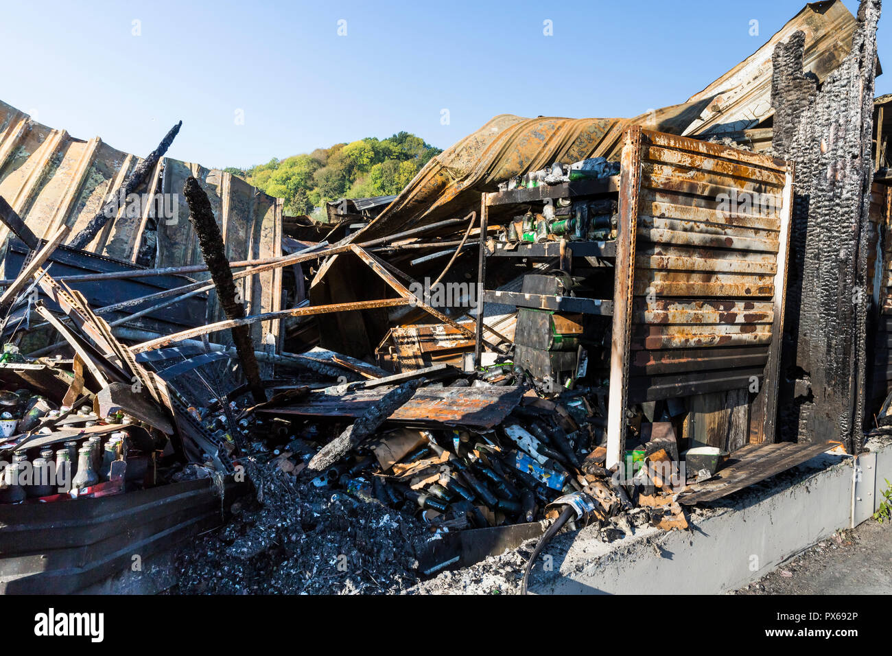 damaged industry supermarket metallic facade after arson fire with ...