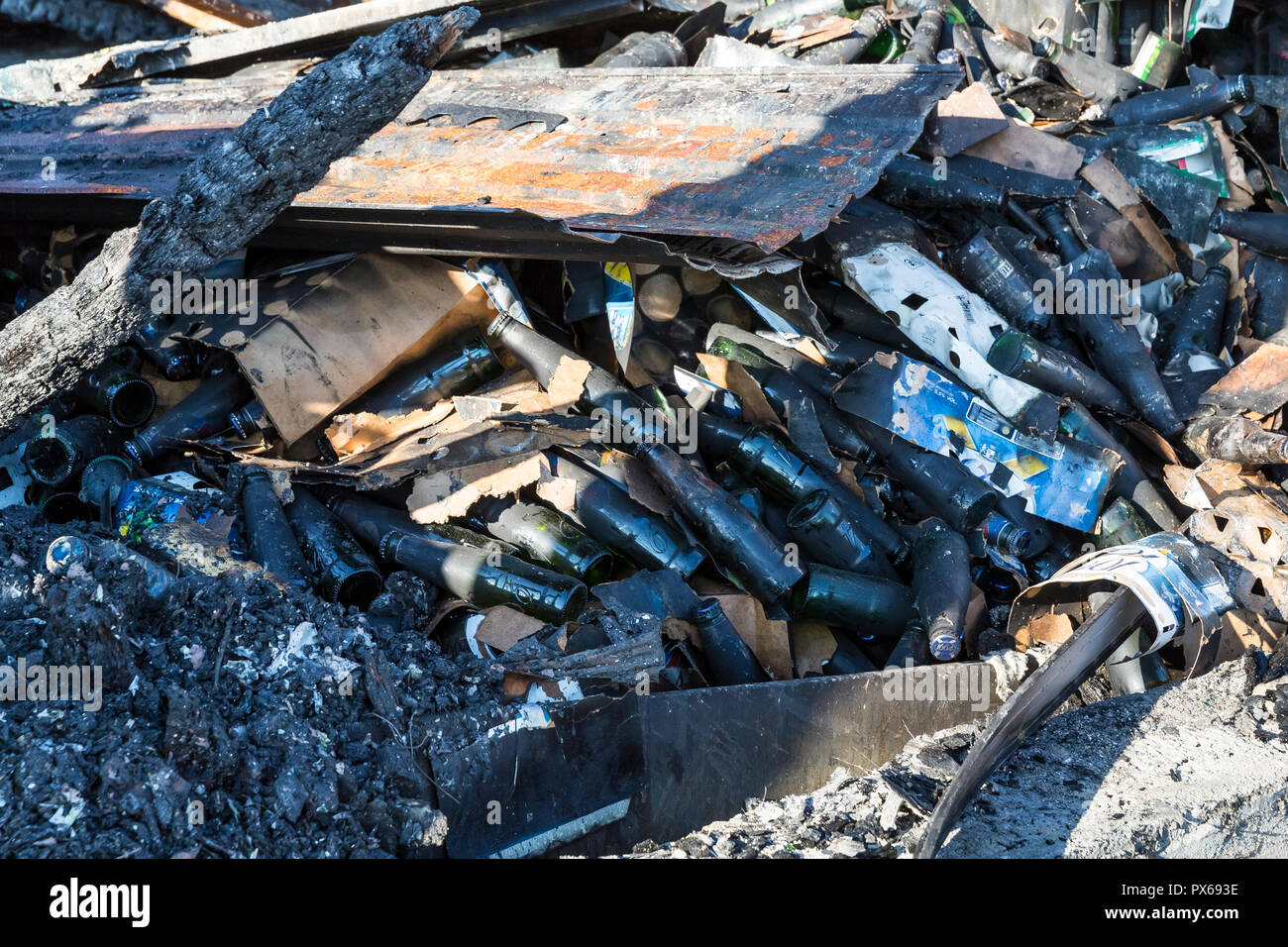 damaged industry supermarket metallic facade after arson fire with ...