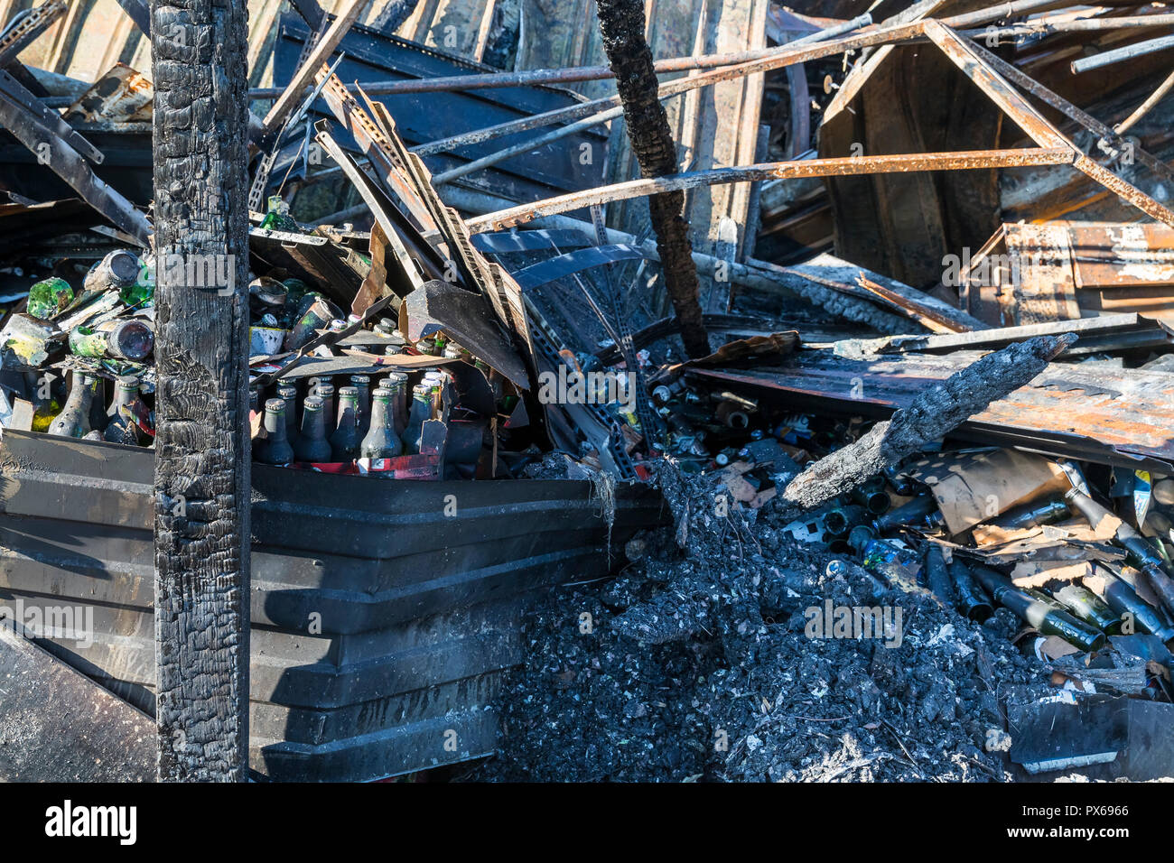 damaged industry supermarket metallic facade after arson fire with ...