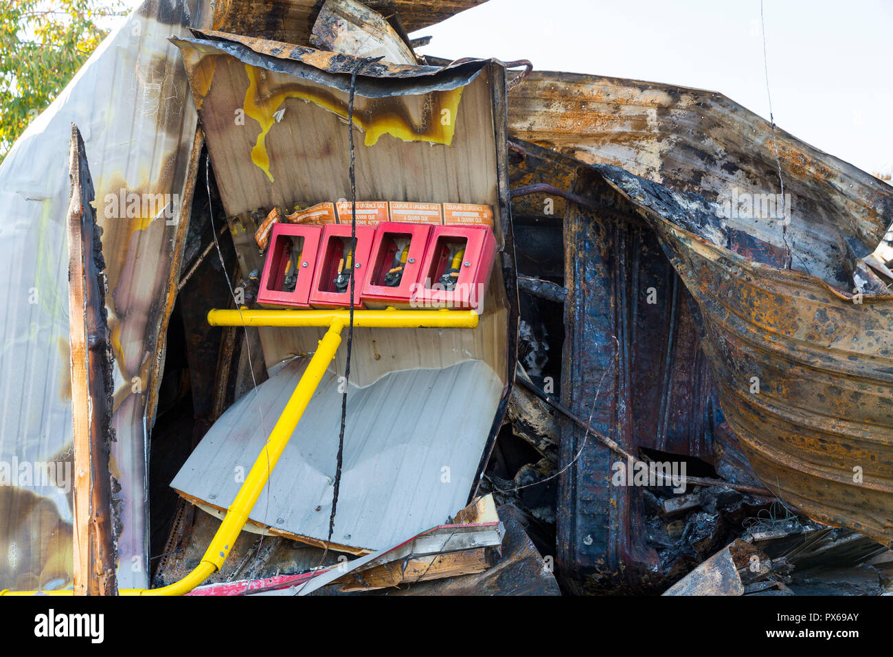 damaged industry supermarket metallic facade after arson fire with ...