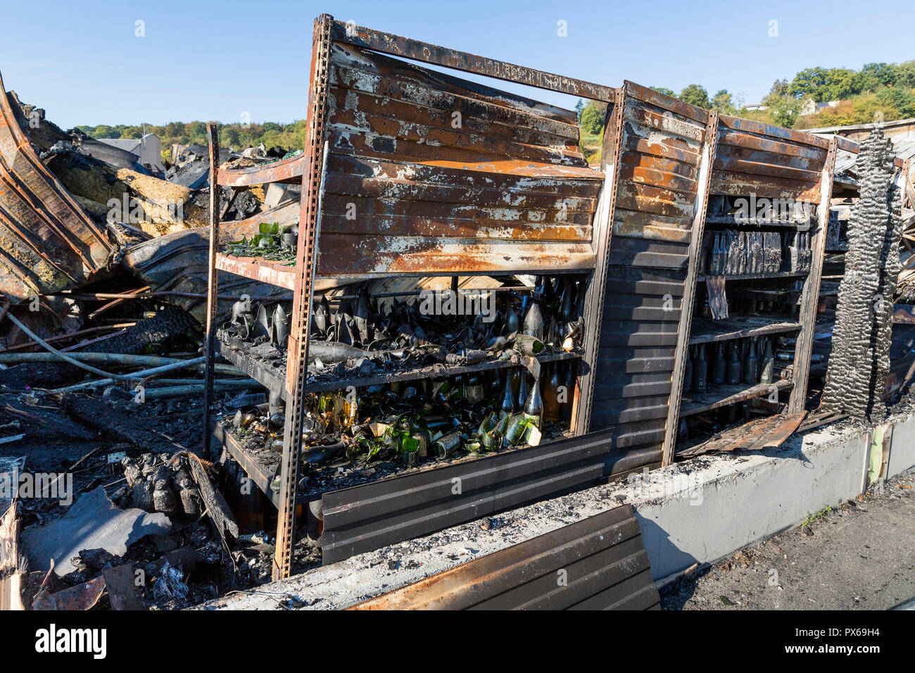 damaged industry supermarket metallic facade after arson fire with ...