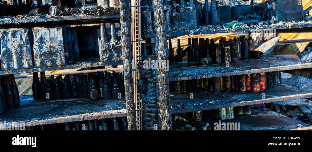 damaged industry supermarket metallic facade after arson fire with ...