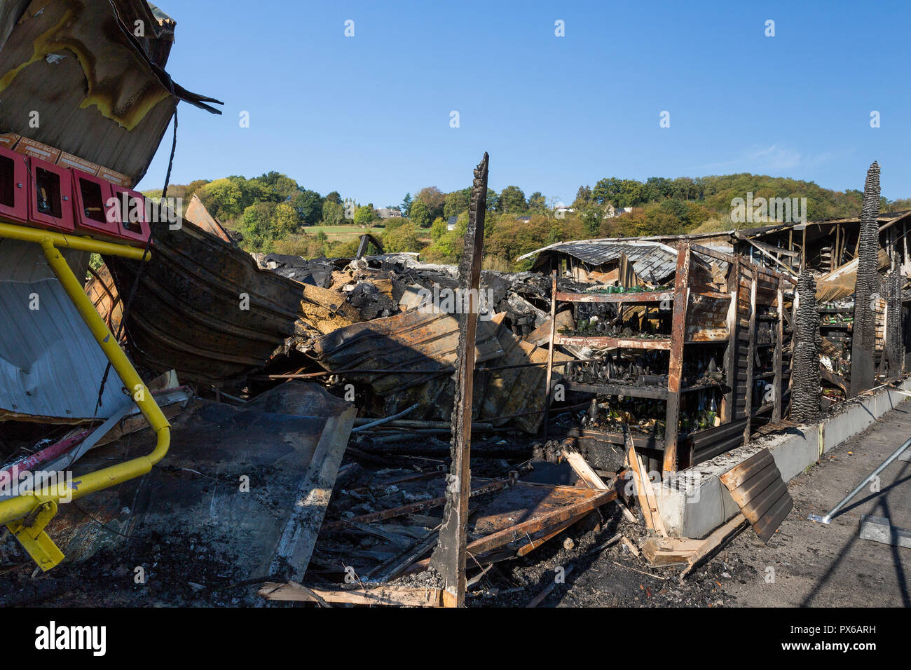damaged industry supermarket metallic facade after arson fire with ...