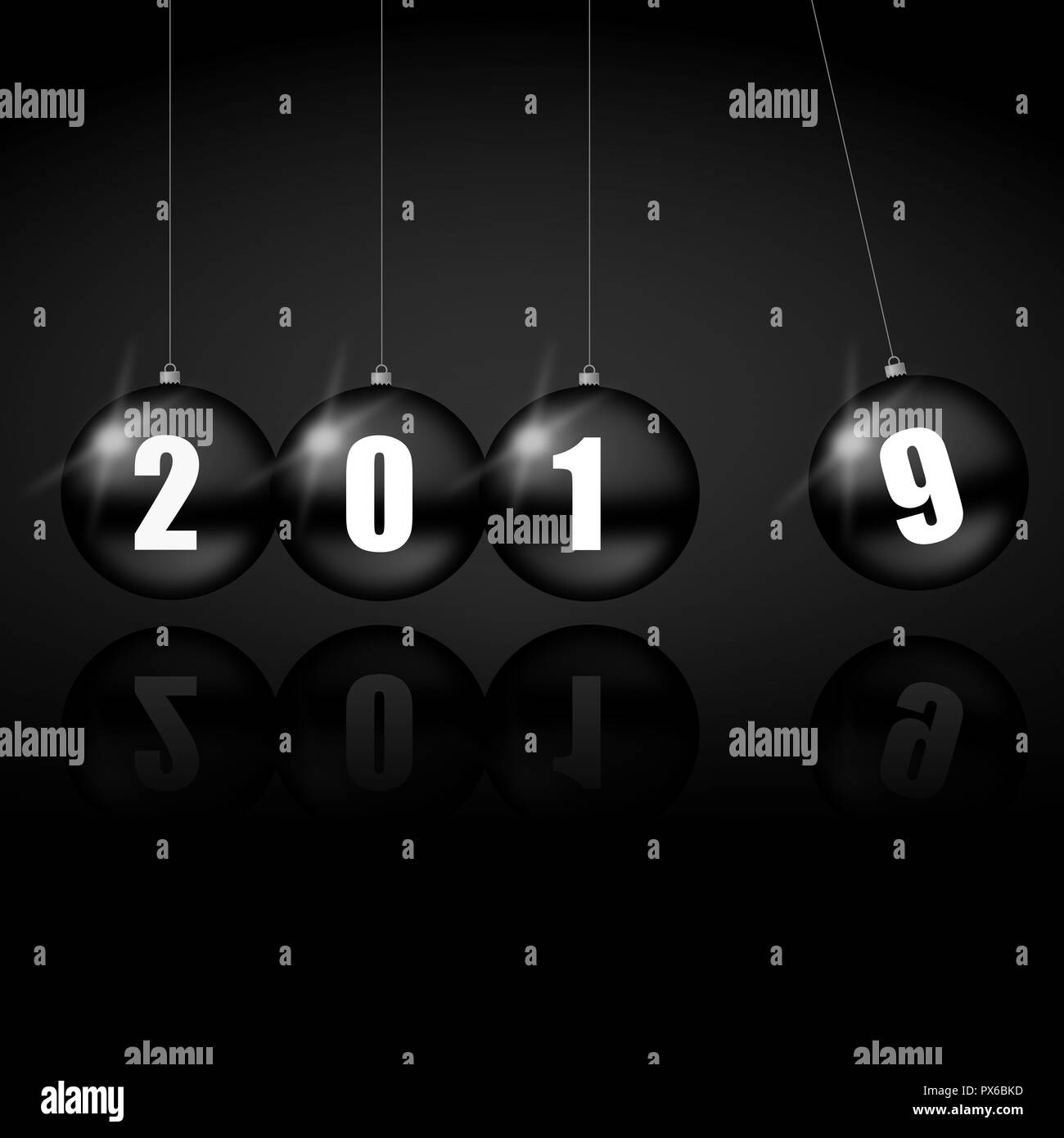 New years 2019 illustration with christmas balls on black background ...