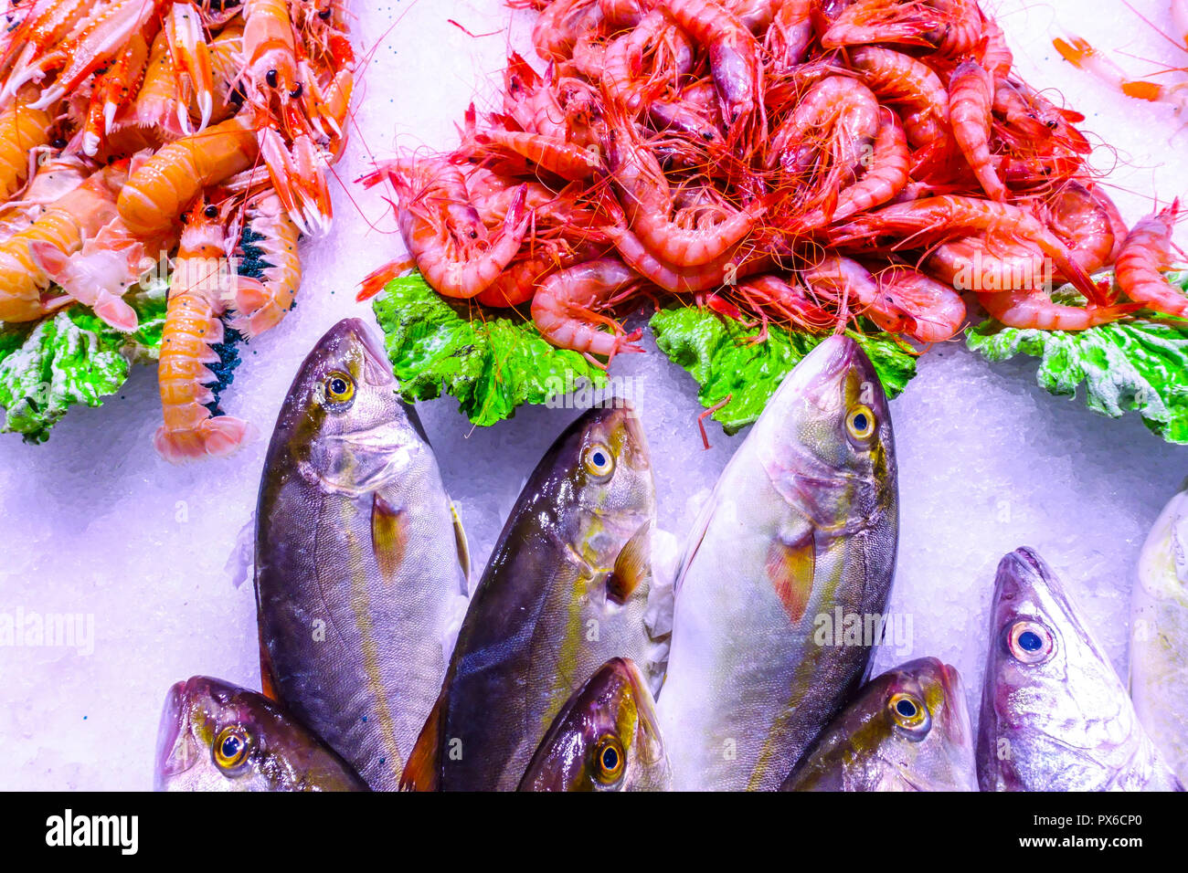 Fresh fish market display, Seafood stall, fish, prawns for sale in ...