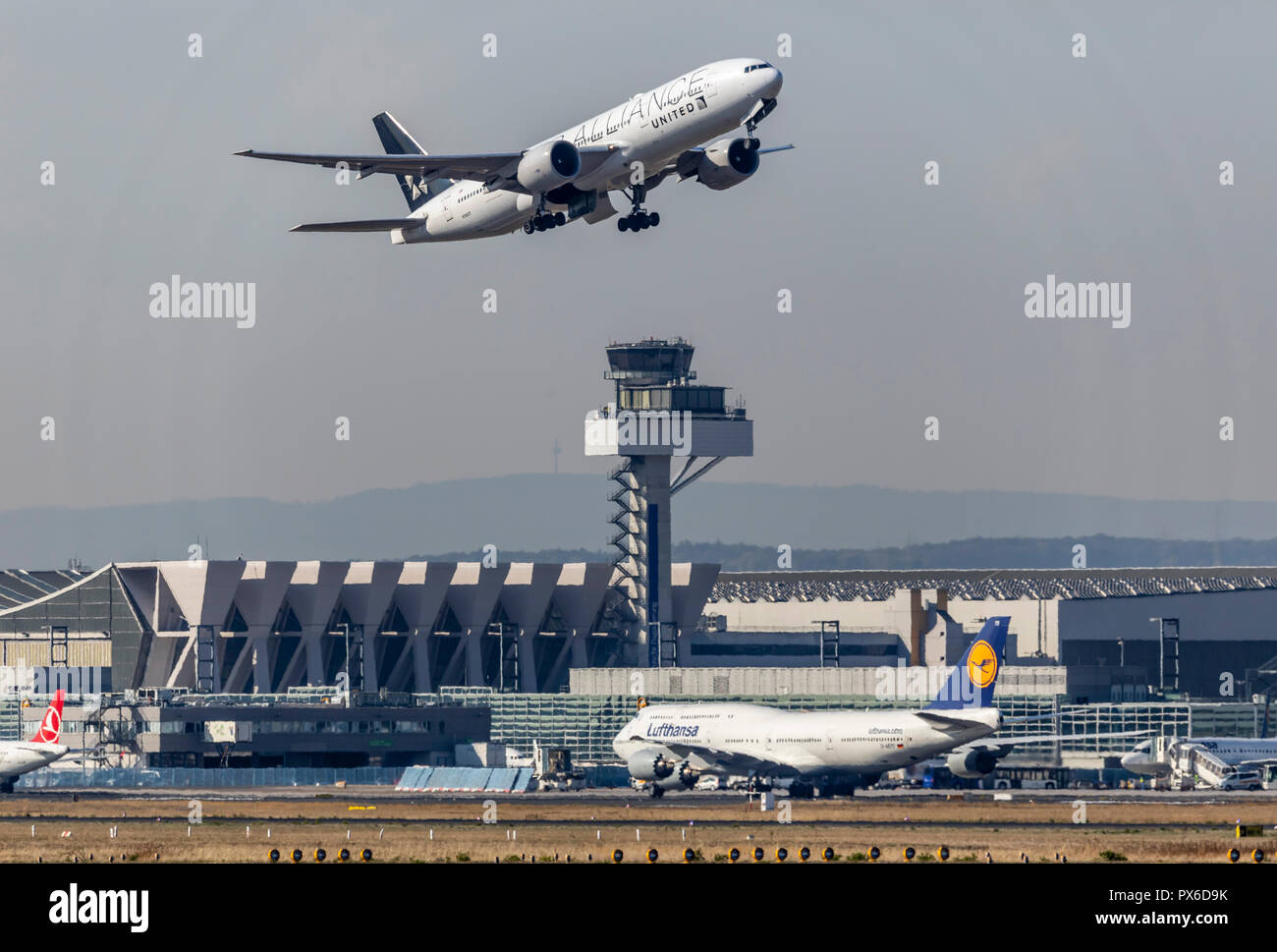 Frankfurt / Main Airport, FRA, Fraport, Lufthansa Boeing 747, on the taxiway, United Airlines ...