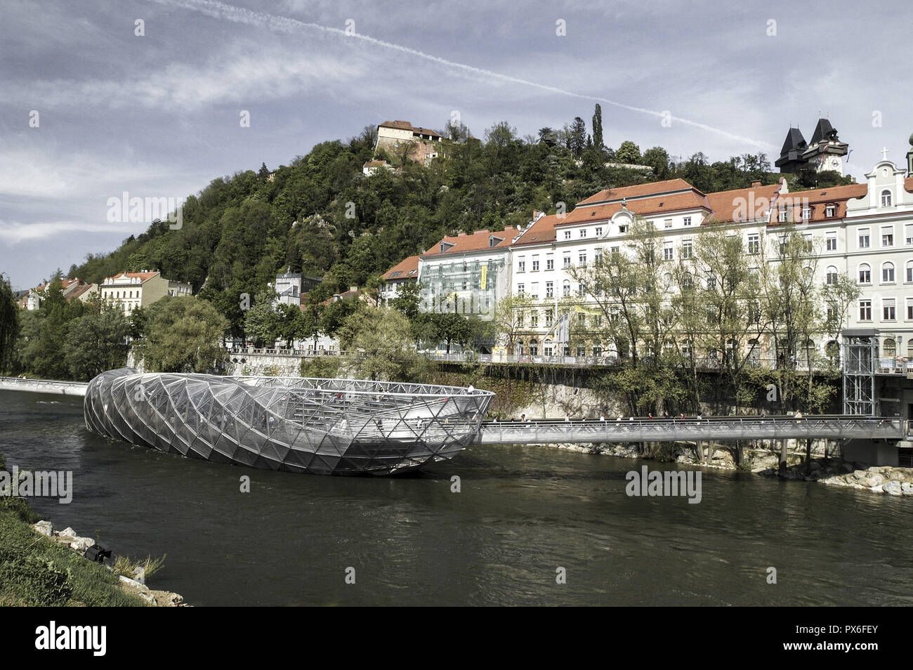 Graz 2003, artificial island in river Mur, at night, Austria, Styria ...