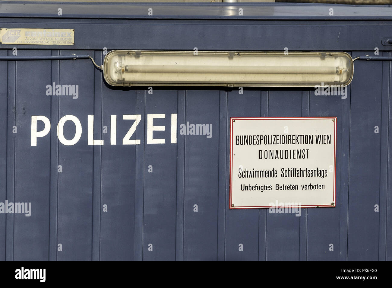 Police container at river Danube, Austria, Vienna, 2. district ...