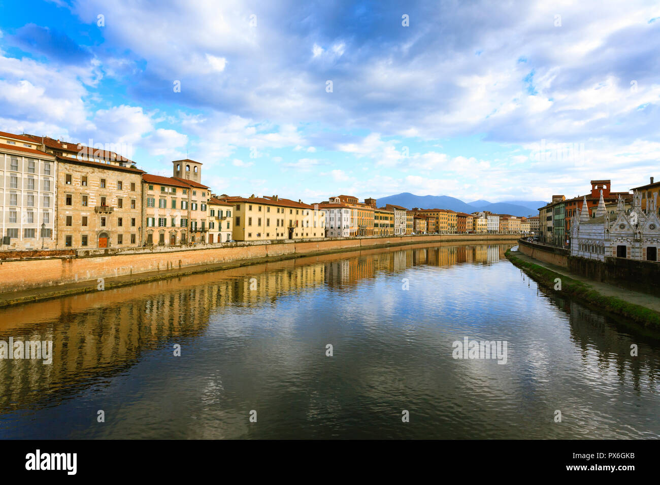 Pisa view. Buildings along Arno river. Italian landmark, Tuscany Stock ...