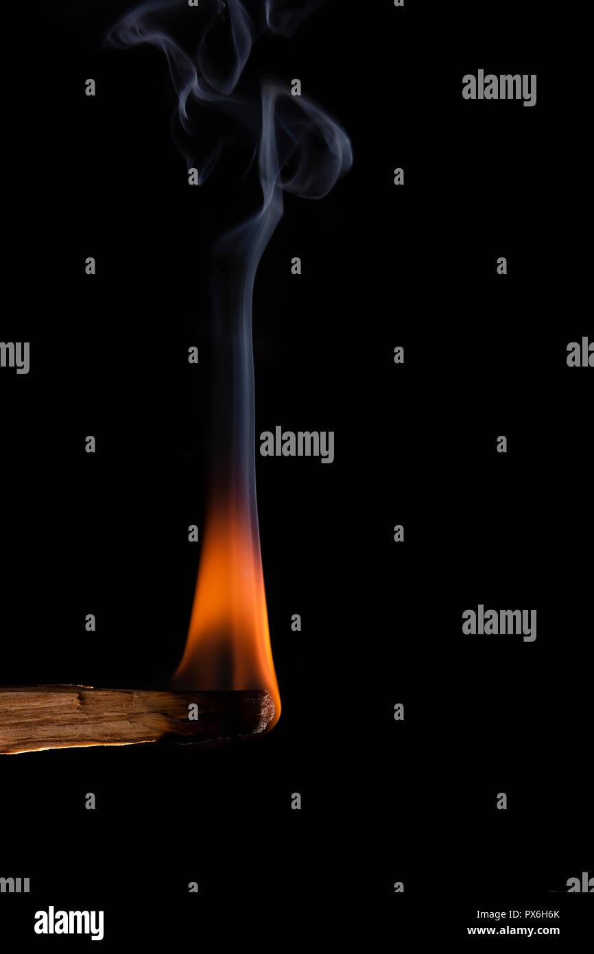 Palo santo wooden stick on fire and with smoke on black background ...