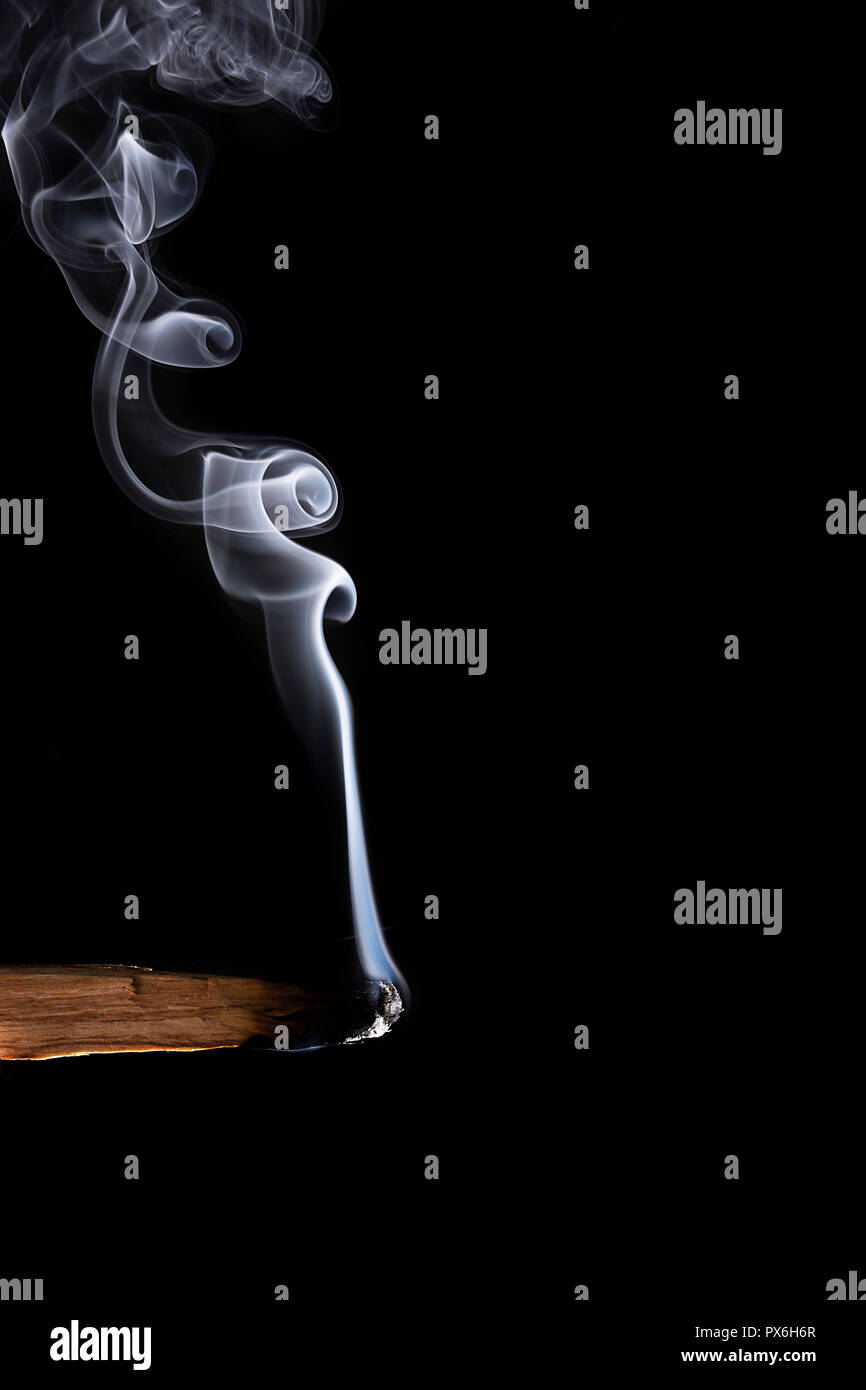 Palo santo wooden stick on fire and with smoke on black background ...